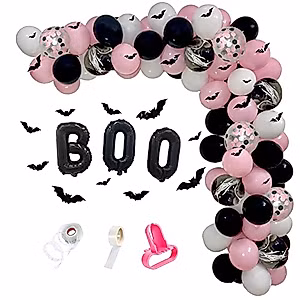 manguo 110Pcs Halloween Balloon Garland Kit Pink Black Latex Balloons 3D PVC Bat BOO Foil Balloon Party Supplies Decorations for Kids Halloween Theme Party Baby Shower Decoration (Multicolor)