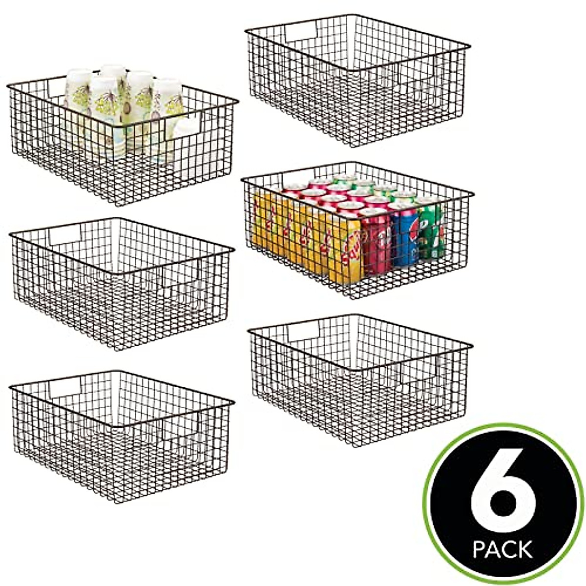 mDesign Metal Wire Food Storage Basket Organizer with Handles for Organizing Kitchen Cabinets, Pantry Shelf, Bathroom, Laundry Room, Closets, Garage - Concerto Collection - 6 Pack - Bronze