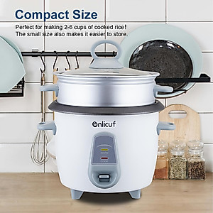 Onlicuf 3 Cups Uncooked 6 Cups Cooked Rice & Grain Cooker with Aluminum Food Steamer, Nonstick Pot, Multicooker, Automatic Keep Warm Function,Resettable Overheat Protection,BPA-free,White