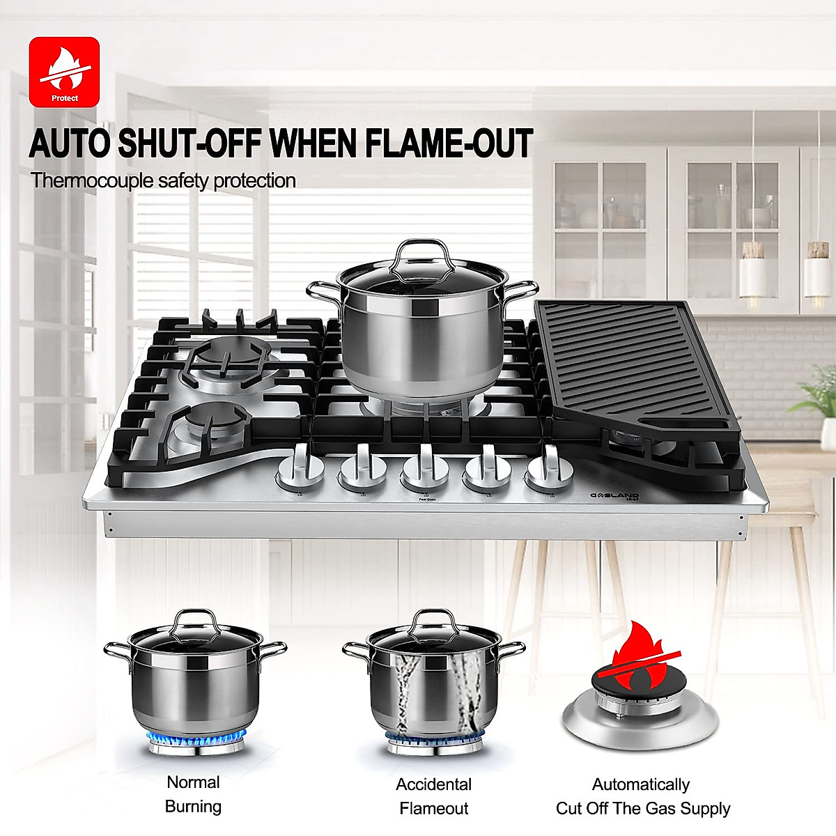 30 Inch Gas Cooktop with Griddle, GASLAND Chef PRO GH3305SF Gas Stovetop with 5 Burners, Reversible Cast Iron Grill/Griddle, 120V Plug-in, NG/LPG Convertible, CSA certified, Stainless Steel