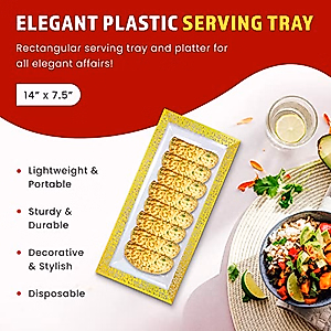 Yumchikel-Elegant Plastic Serving Tray & Platter Set (4pk) - Clear & Gold Rim Disposable Serving Trays & Platters for Food - Weddings, Upscale Parties, Dessert Table, Cupcake display - 7.5 x 14 inches
