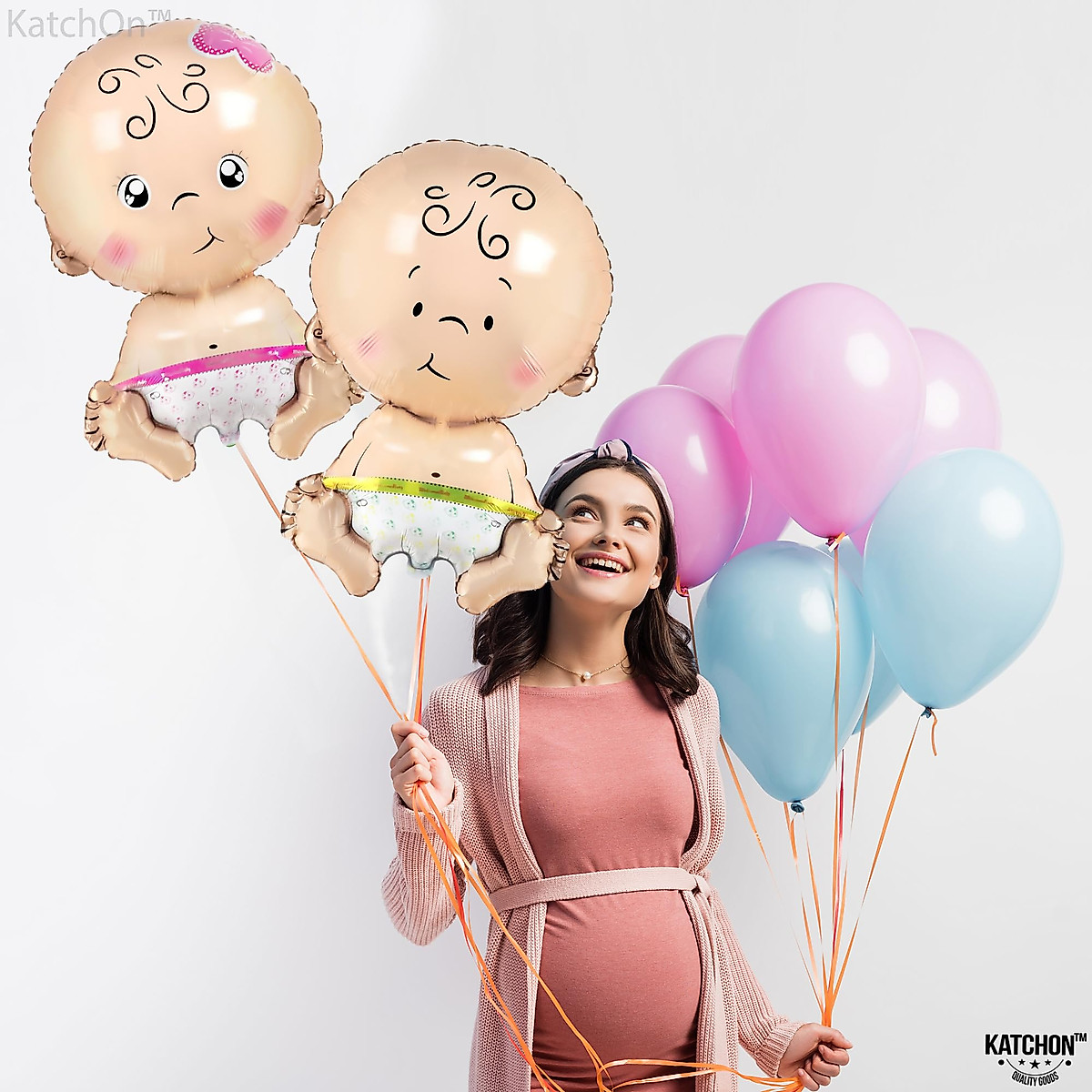 KatchOn, Baby Gender Reveal Balloons Set - 32 Inch, Pack of 2 | Baby Balloons, Gender Reveal Decorations | Baby Boy Balloons and Baby Girl Balloons, Twin Baby Shower Decorations | Boy Or Girl Balloon