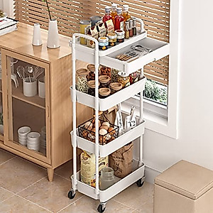Dttwacoyh 4-Tier Rolling Cart，Trolley with Drawer, Kitchen Storage Organizer with Plastic Shelf & Metal Wheels, Storage Cart for Living Room, Kitchen, Office, Bathroom, White