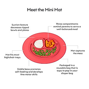 ez pz Mini Collection Set (Coral) - 100% Silicone Cup + Straw, Fork, Spoon & Mini Mat Suction Plate with Built-in Placemat for Infants + Toddlers - First Foods + Self-Feeding - 12 Months+