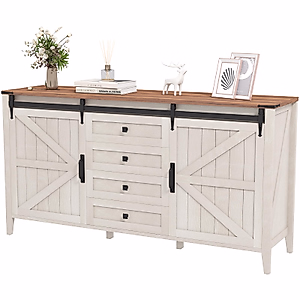 GlouMod 60 Inch Farmhouse 4 Drawers Dresser for Bedroom with Sliding Barn Doors, Natural Texture Wood Rustic Chest of Drawers for Living Room Bedroom Hallway Neoclassical White