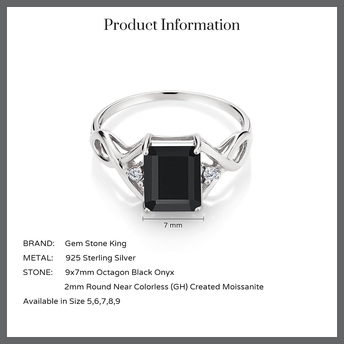 Gem Stone King 925 Sterling Silver Black Onyx and White Moissanite Ring For Women (2.18 Cttw, Gemstone Birthstone, Available In Size 5, 6, 7, 8, 9)