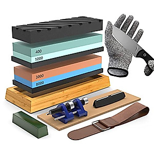 Knife Sharpening Stone Set, Premium 4 Side Grit 400/1000 3000/8000 Whetstone Sharpener Kit with Cut Resistant Gloves,Bamboo Base,Flattening Stone,Angle Guide,Honing Guide,Leather Strop,Razor Strop