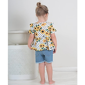 XUANHAO 2T 3T Girl Clothes Toddler Clothes For Girls Summer Outfits Short Sleeve Ruffle Floral Sunflower Top Ripped Denim Short Jeans Toddler Girl Clothes 2T 3T