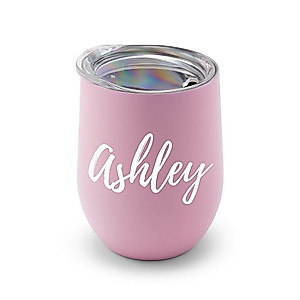WEDDINGSTAR Personalized Stemless Travel Tumbler 12oz – Insulated Stainless Steel Wine Glass with Lid - Calligraphy - Black