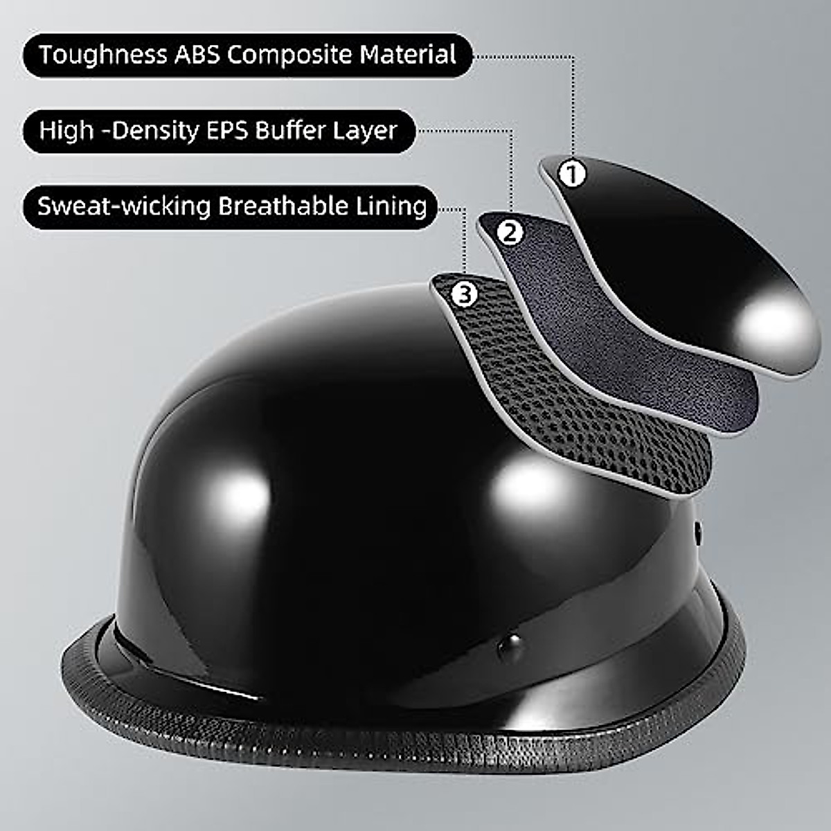 German Style Motorcycle Helmet, Thin Skull Cap Half Helmet for Adult Men Women, Novelty DOT Half Shell Helmet, Retro Half Face Helmet for Cruiser Scooter Chopper, DOT Approved (Bright Black, Medium)