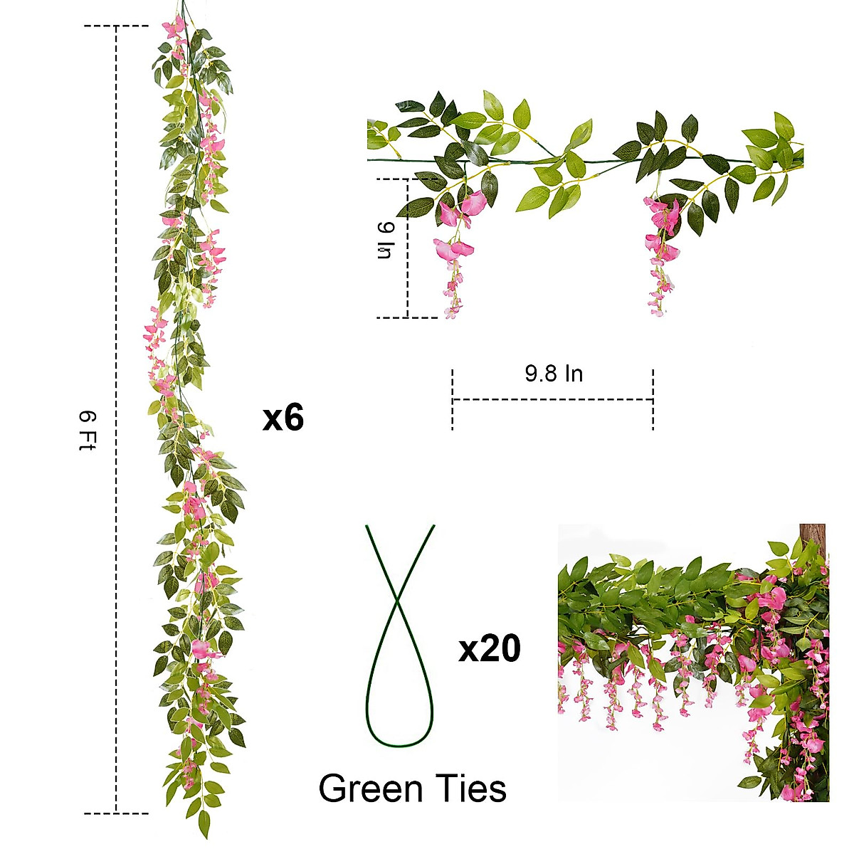 Dolicer 4Pcs 6.6Feet Artificial Flowers Silk Wisteria Garland Artificial Wisteria Vine Rattan Silk Hanging Flower for Home Garden Outdoor Ceremony Wedding Arch Floral Decor, Purplish Red