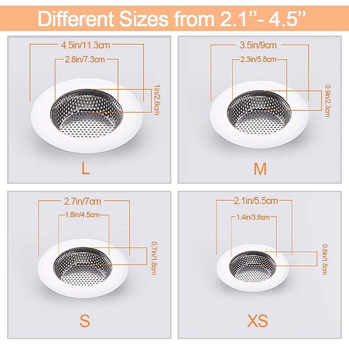 Drain Hair Catcher, 4 Pack, Shower Drain Cover for Bathtub, Kitchen Sink Strainer, Stainless Steel Bathroom Sink, Different Sizes from 2.1" to 4.5"