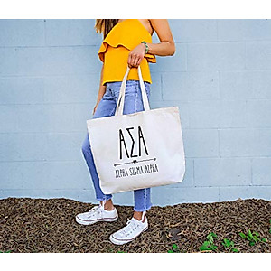 Greek Letters and Stylized Alpha Sigma Alpha Printed with Heart Design - Large Canvas Tote Bag for Women - Tote Bags for Sorority