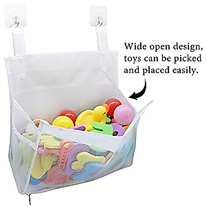 Bath Toy Organizer Multiple Ways to Hang, Extra Large Opening Bathroom Toy Holder, Bottom Zipper Bathtub Toy Storage Bag (White)