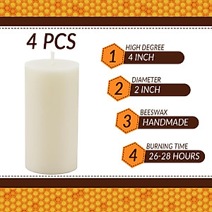 Beeswax Pillar Candles Set of 4, Smokeless Dripless Pure Beeswax Candle Set with Natural Scent for Room Decoration Prayer Party, Long Lasting Burn Time,1.89x3.86 inch,White Raw