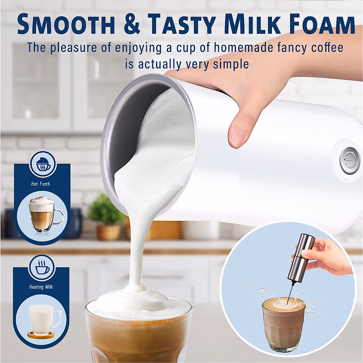Huogary Milk Forther Simple Milk Frother and Steamer 2-in-1 Milk Steamer with Hot Milk Foam and Hot Milk for Latte, Macchiato, Cappuccinos (white)
