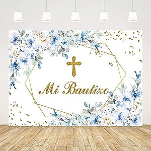 ABLIN 7x5ft Mi Bautizo Backdrop Mexican Baptism Party Decorations God Bless Boy First Holy Communion Banner Blue Flower Background Christening Newborn Baby Shower Decor Props, CQ304