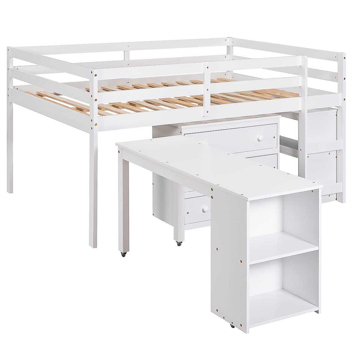 Low Full Loft Bed with Desk and Dresser Wood Kids Loft Beds Frame with Cabinet & Storage Shelves & Rolling Portable Desk for Juniors, Teen, Boys, Girls, Full Size,White