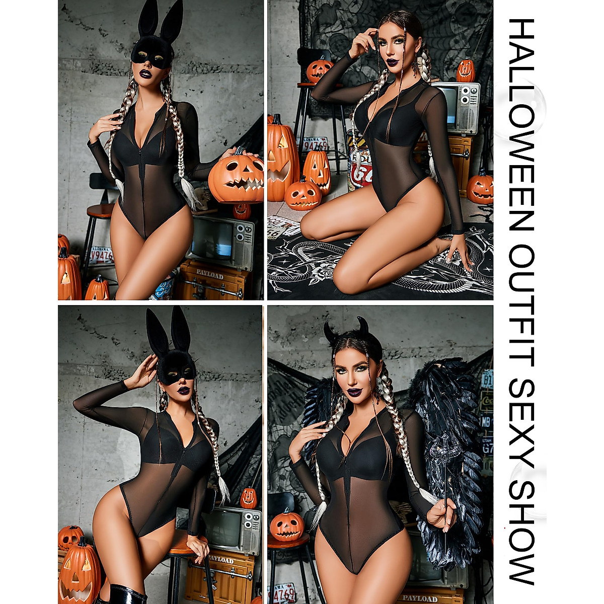 Avidlove Women's Sexy Mesh Long Sleeve Bodysuit Tops Sheer See Through Zipper Leotard Clubwear with Snap Crotch Black L