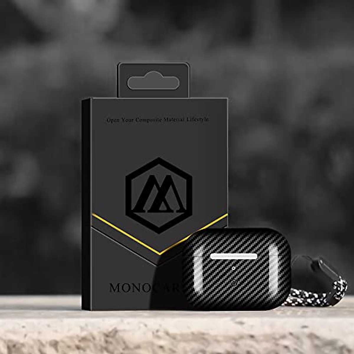 MONOCARBON Carbon Fiber Case-for-AirPods-Pro-2nd, Generation 2022 Slim Durable Cover-for-AirPods-Pro-2 Accessories,Support Wireless Charging,Shock,with Stripes Lanyard.(Glossy Black)