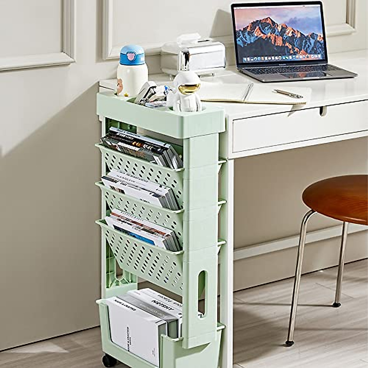 Lalaunicky 5 Tier Rolling Book Cart,Mobile Bookshelf with Wheels，Paper Cart and Rolling Homeschool Cart for Schools, Libraries, Offices, Homes, Children's Rooms (Green)