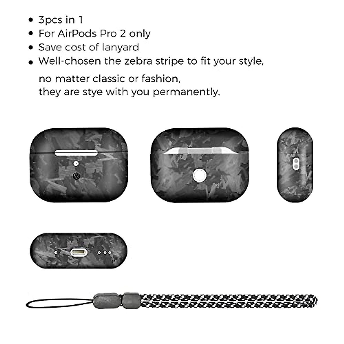 MONOCARBON Carbon Fiber Case-for-AirPods-Pro-2nd, Generation 2022 Slim Durable Cover-for-AirPods-Pro-2 Accessories,Support Wireless Charging,Shock,with Stripes Lanyard.(Matte Finish)