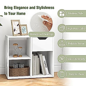 Giantex 3 Cube Bookcase with Drawer White, 21" Wooden Floor Standing Storage Organizer w/Open Storage Cabinet, Freestanding Display Shelf for Bedroom Living Room Kid’s Playroom Reading Nook (1)