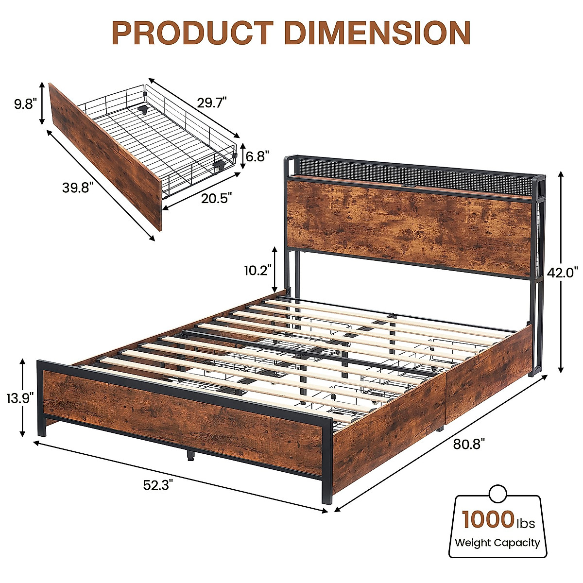 GAOMON Full Bed Frame with Storage Headboard and 4 Drawers LED Lights Metal Platform Bed Frame with Charging Station, Mattress Foundation Strong Wood Slats Support, No Box Spring Needed