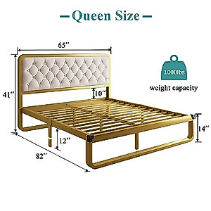 iPormis Queen Size Metal Bed Frame with Velvet Button Tufted Headboard, Curved Platform Bed Frame, Thicker Metal Steel Slats Support, 12'' Under-Bed Space, Noise-Free, Easy Assembly, Gold & Beige
