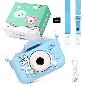 Ainiv Kids Selfie Camera with Unicorn Silicone Cover, Digital Camera with Photo Stickers and Puzzle Games, Boys and Girls Gifts, with 32GB SD Card, IPS Screen 1080P Video Camcorder - Blue