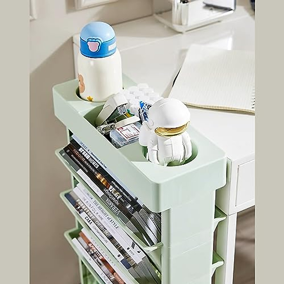 Lalaunicky 5 Tier Rolling Book Cart,Mobile Bookshelf with Wheels，Paper Cart and Rolling Homeschool Cart for Schools, Libraries, Offices, Homes, Children's Rooms (Green)