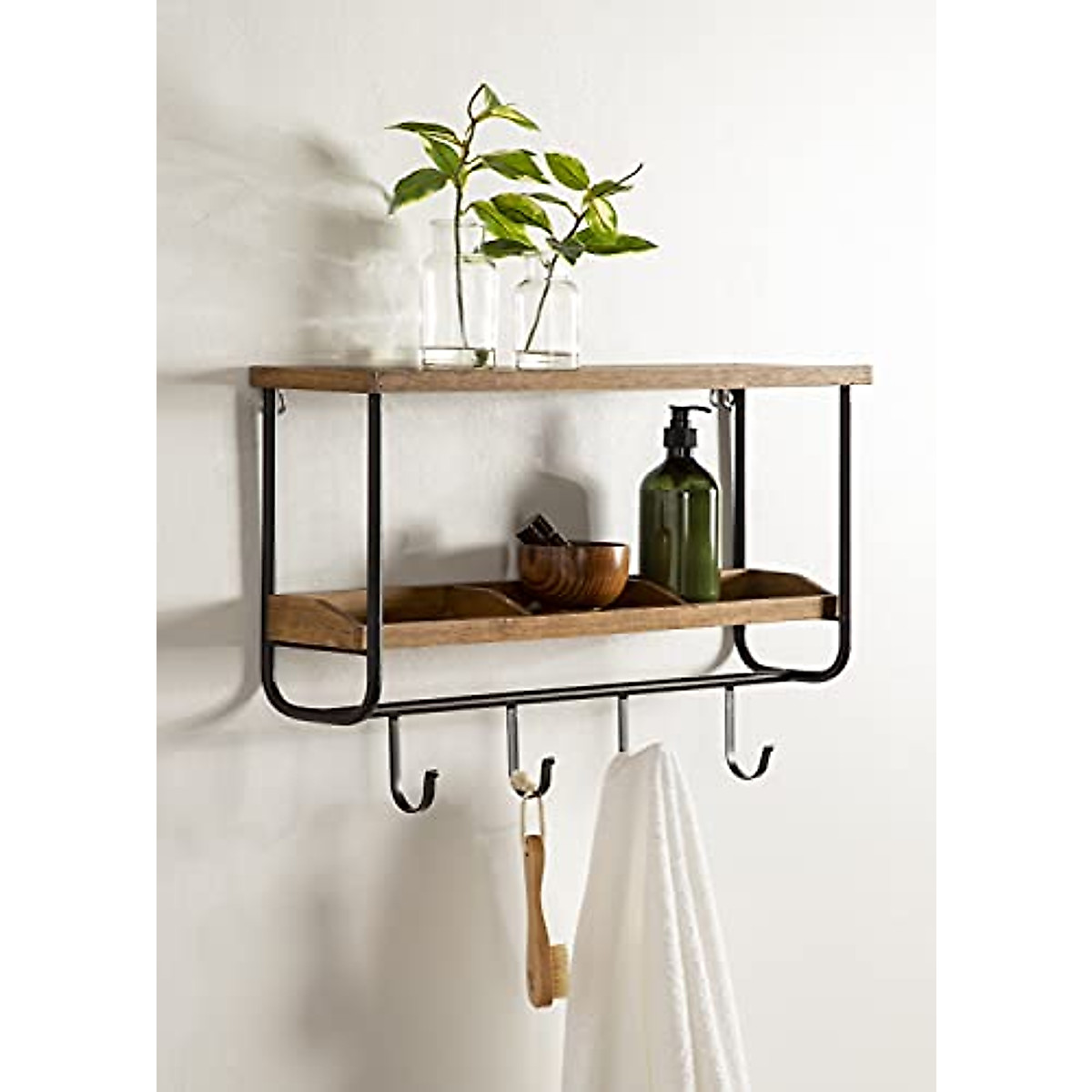 Kate and Laurel Oddell Farmhouse Wall Shelf with Hooks, 24 x 6 x 15, Rustic Brown, Modern Decorative Two-Tier Shelf