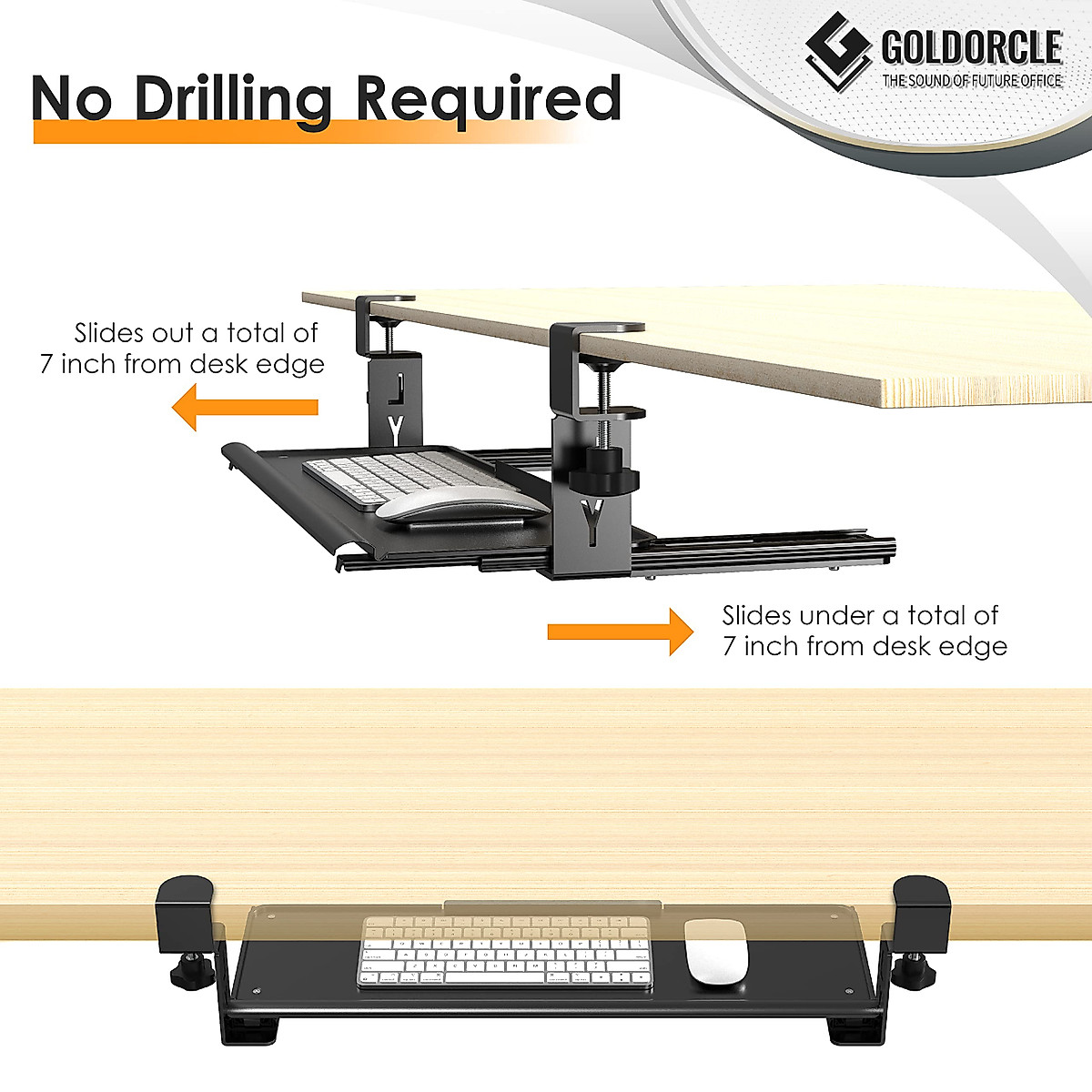 GoldOrcle Metal Keyboard Tray Under Desk C Clamp On Pull Out Slide-Out Keyboard Stand Drawer Platform for Home or Office