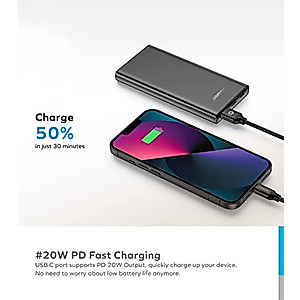 MOMAX Portable Charger, 10000mAh 20W PD Aluminum Ultra Slim Power Bank 3A High-Speed Thin Phone Charger with 2 Input & 2 Output Compatible with iPhone, Samsung Galaxy, MacBook, Pixel & More (Grey)