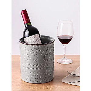 DOWAN Utensil Holder, 7.2" Extra Large Kitchen Utensil Crock for Countertop, Farmhouse Ceramic Utensil Organizer, Anti Slip & Scratch Cork Bottom, Grey Utensil Storage for Home Décor Gifts