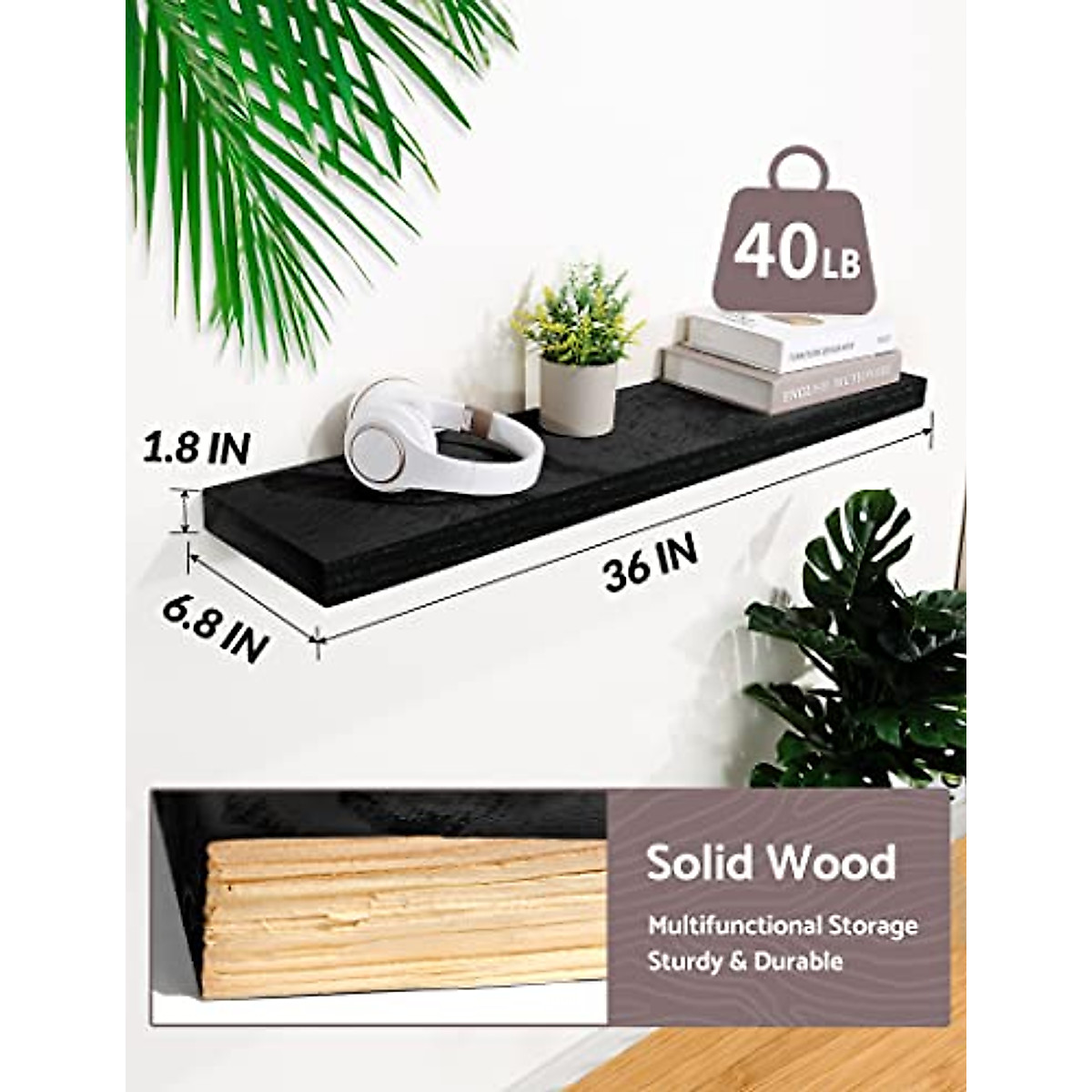 Annecy Floating Shelves Set of 2, 36" L x 6.8" D Black Floating Shelves for Wall Storage,Soild Wood Floating Shelf for Bathroom, Living Room,Kitchen,Rustic Shelves for Wall Décor