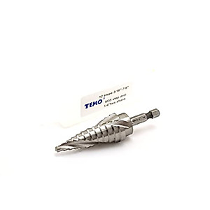 TEMO M35 Cobalt Spiral Flute Step Drill, 12 Size From 3/16 Inch To 7/8 Inch, 1/4 Inch Hex Shank