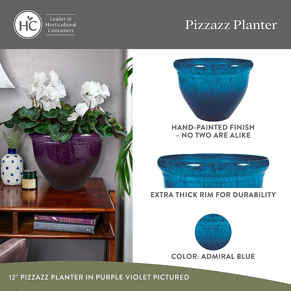 The HC Companies 9 Inch Pizzazz Decorative Round Planter - Lightweight Premium Resin Plant Pot with a Ceramic Look for Indoor Outdoor Use, Admiral Blue