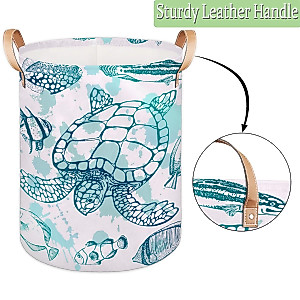 Large Laundry Hamper Basket Sea Turtle Ocean Theme Round Collapsible Storage Organizer Bin for Kids, Boys, Nursery, Closet, Bedroom, Playroom, Toys, Dirty Clothes, 16"W x 20"H