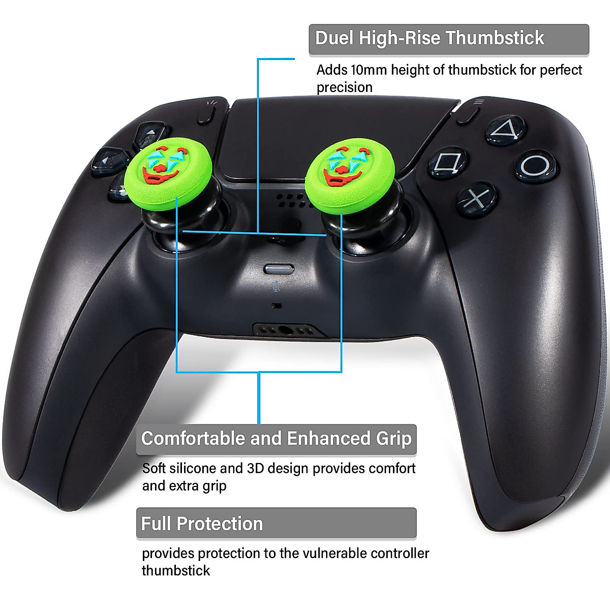 Playrealm FPS Thumbstick Extender & Texture Rubber Silicone Grip Cover 2 Sets for PS5 & PS4 Controller (Joker Green)