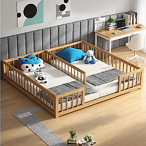 PVWIIK Twin Size Double Montessori Bed for Kids, Girls, Boys Bedroom,Twin Floor Bedframe w/Fence,Easy Assembly & No Box Spring Needed, Natural