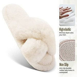 Tonchberry Cross Band Faux Fur Fuzzy Slippers for Women Plush Fluffy Furry Open Toe Slide Slipper for Women Cozy Memory Foam Anti-Skid Sole Indoor Outdoor House Home Bedroom Slippers for Women