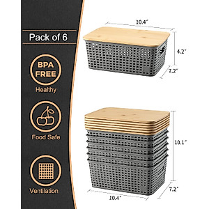 Storage Bins with Bamboo Lids Set of 6 Lidded Storage Container Plastic Baskets Organizer Bins for Organizing Kithen Room Bedroom Office Closet, Sturdy(Grey)