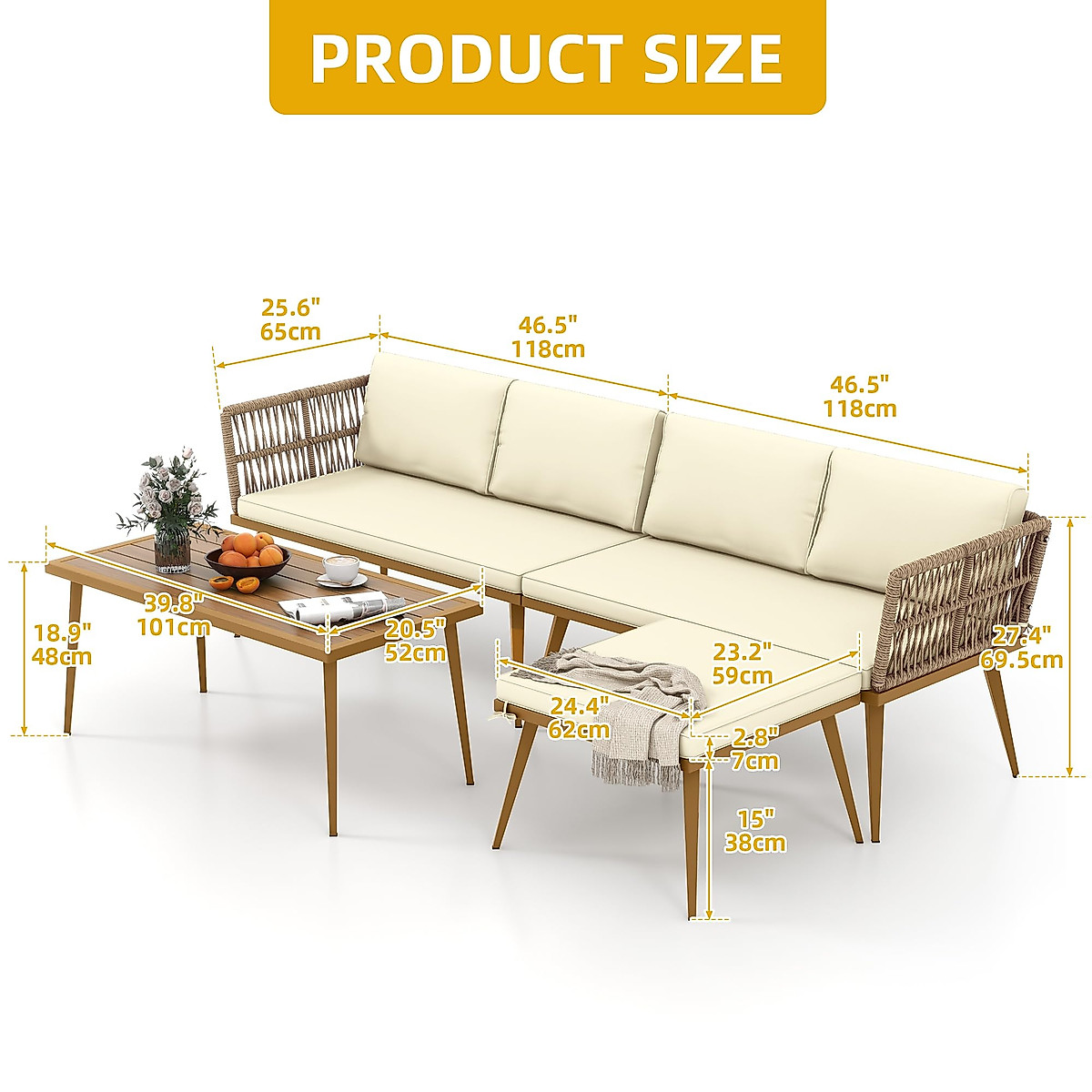 DWVO 4 Pieces Patio Furniture Set, Sectional L-Shaped Sofa for Patio Backyard Poolside Porch, All-Weather Rattan Woven Conversation Set Detachable Lounger with Side Table & Cushions (Beige)