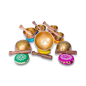MASUM Tibetan Singing Bowl Set of 7, Authentic 7 metals for Yoga, Chakra healing, Deep Relaxation, Stress Relief and Mindfulness, Handmade in Nepal, comes w/ silk cushions an sticks MA-04
