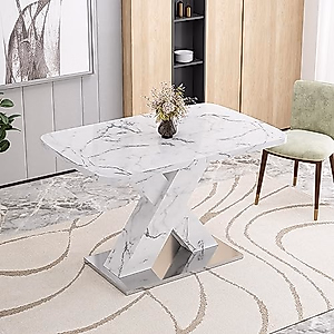 Modern Marble Top Dining Table, Extendable Marble Dining Table for 4-6, Expandable Dining Table with Faux Marble Top and Crossed Pedestal Base, Large Dining Table for Dining Room Kitchen (White)