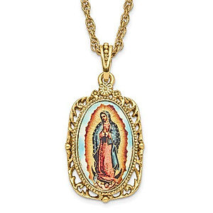 Solid Yellow Gold-tone Enameled Virgin Mary Our Lady of Guadalupe 24 inch Pendant Necklace Charm Chain - with Secure Lobster Lock Clasp 24" (Width = 25mm) - Jewelry Gifts For Women or Men