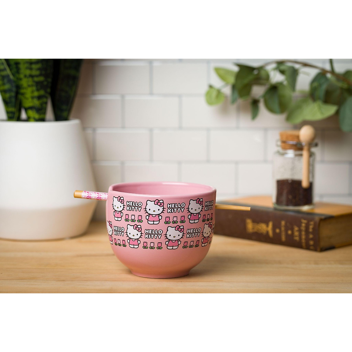 Silver Buffalo Sanrio Hello Kitty Flowers Pattern Ceramic Ramen Noodle Rice Bowl with Chopsticks, Microwave Safe, 20 Ounces