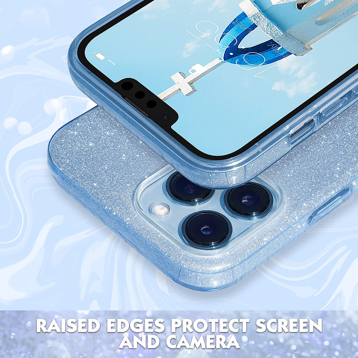 MILPROX Compatible with iPhone 13 Pro Max Case (2021), Glitter Sparkly Shiny Bling Rubber Gel Shell Cases 3 Layers Shockproof Protective Bumper Cover for iPhone 13 Pro Max 6.7" 2021-Blue
