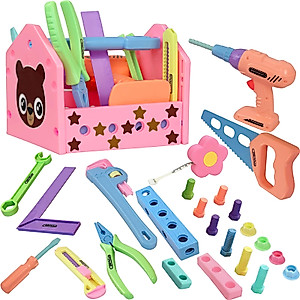 Gifts2U Toy Tool Set for Girls Pretend Play Toy with Play Drill Tool Box, Vest Costume and Toy Tape Measure, Pink Toy Tool Set Learning Tool Kit for Girls Toddlers Boys Age 3 4 5 6 Home Stem DIY Gifts